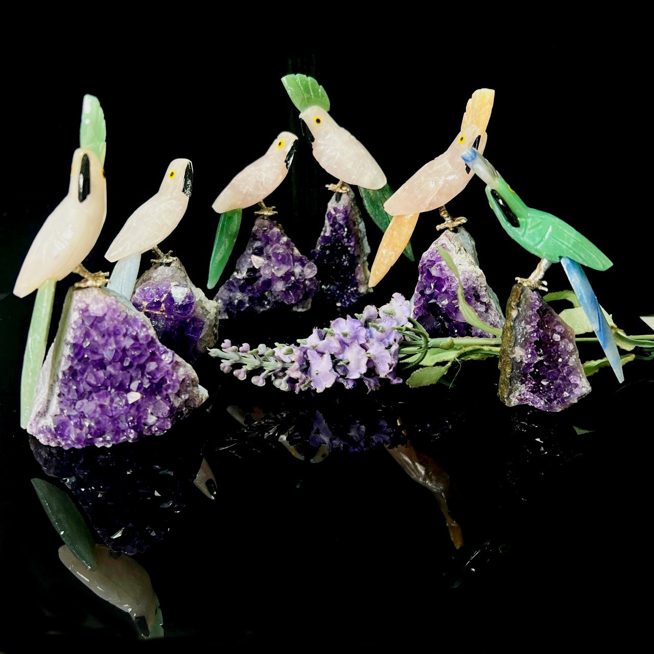 Small Crystal Birds on Amethyst Druzy Clusters at Talk to Crystals